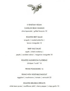 Vegan Dinner Menu - Il Venetian